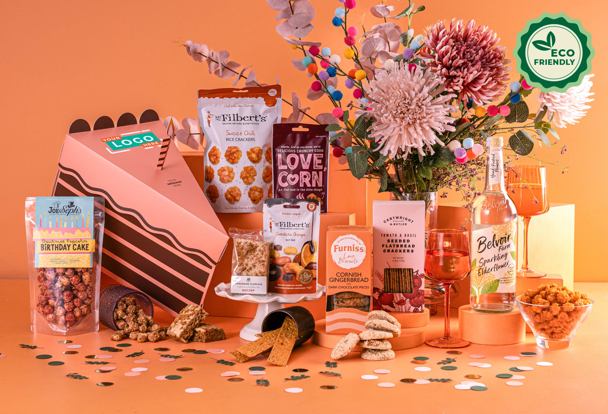 A Slice of Paradise Corporate Branded Birthday Hamper – Peach Hampers