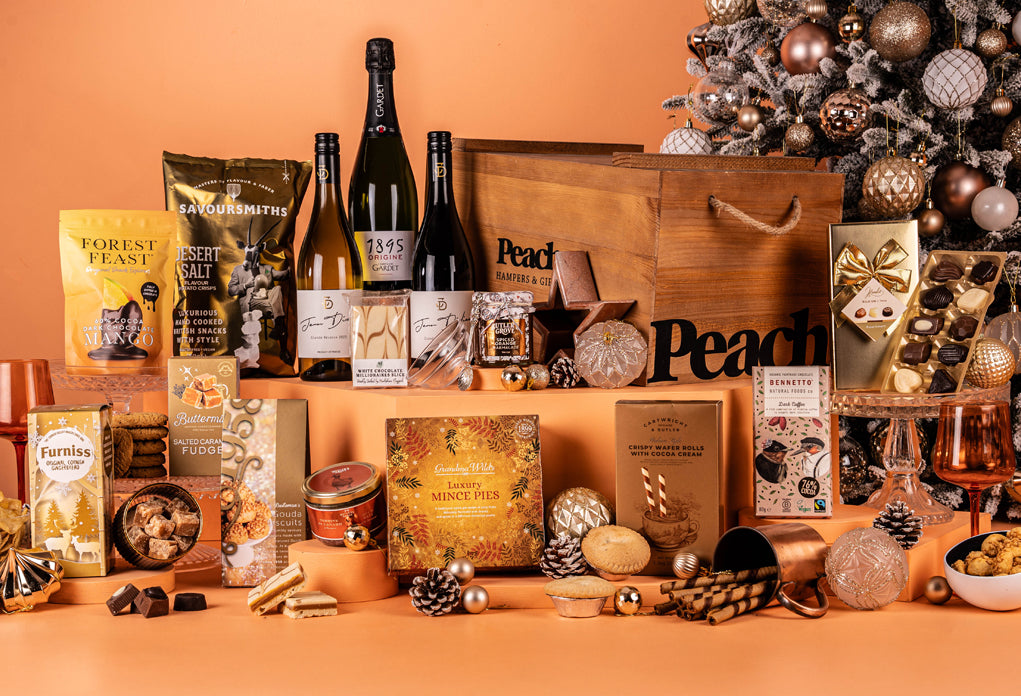 The Branded Golden Crate Christmas Hamper with Champagne – Peach Hampers